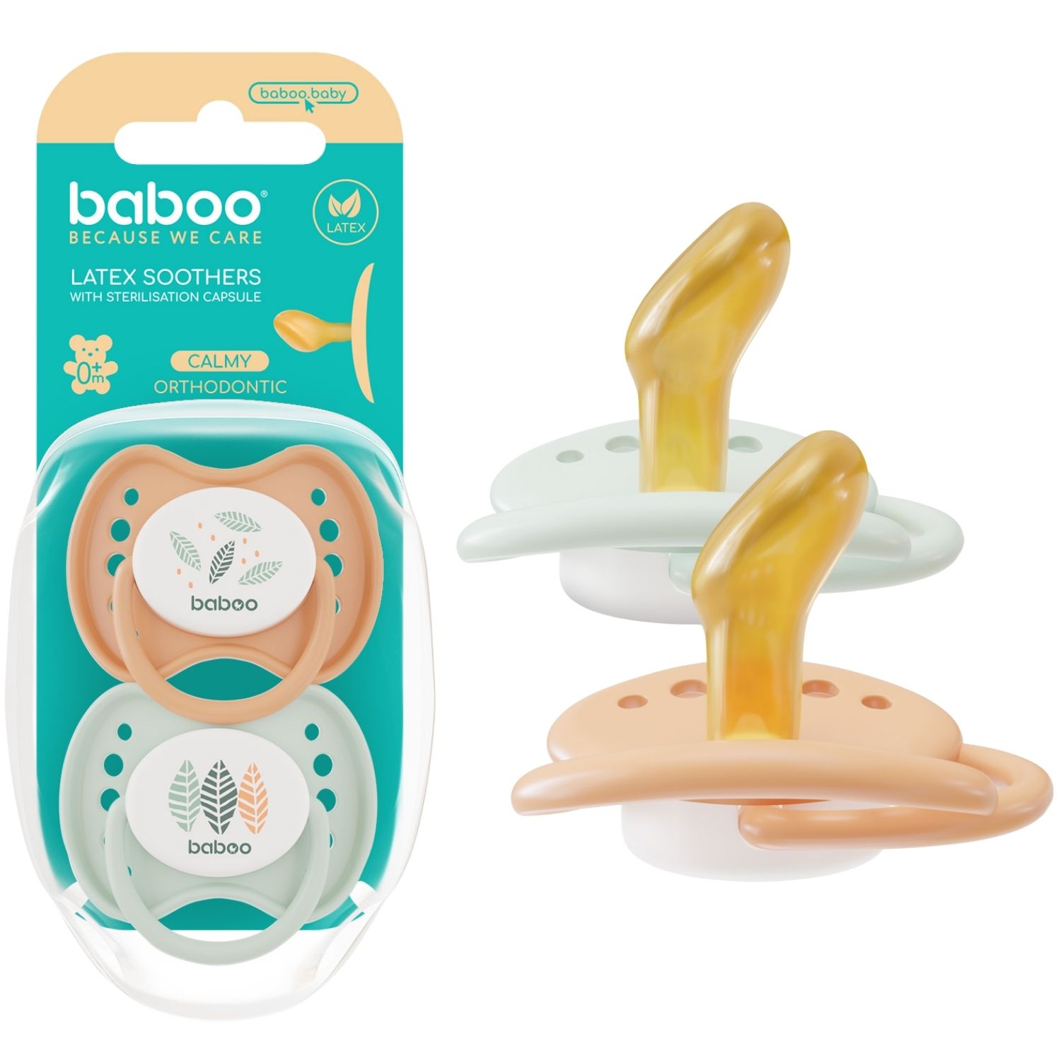 BABOO Calmy lateksinis ortodontinis čiulptukas, Peachy Keen, 0+ mėn N2