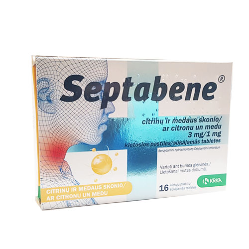 Gerklei SEPTABENE, citrinų ir medaus skonio, 3 mg /1 mg, 16 kietųjų ...